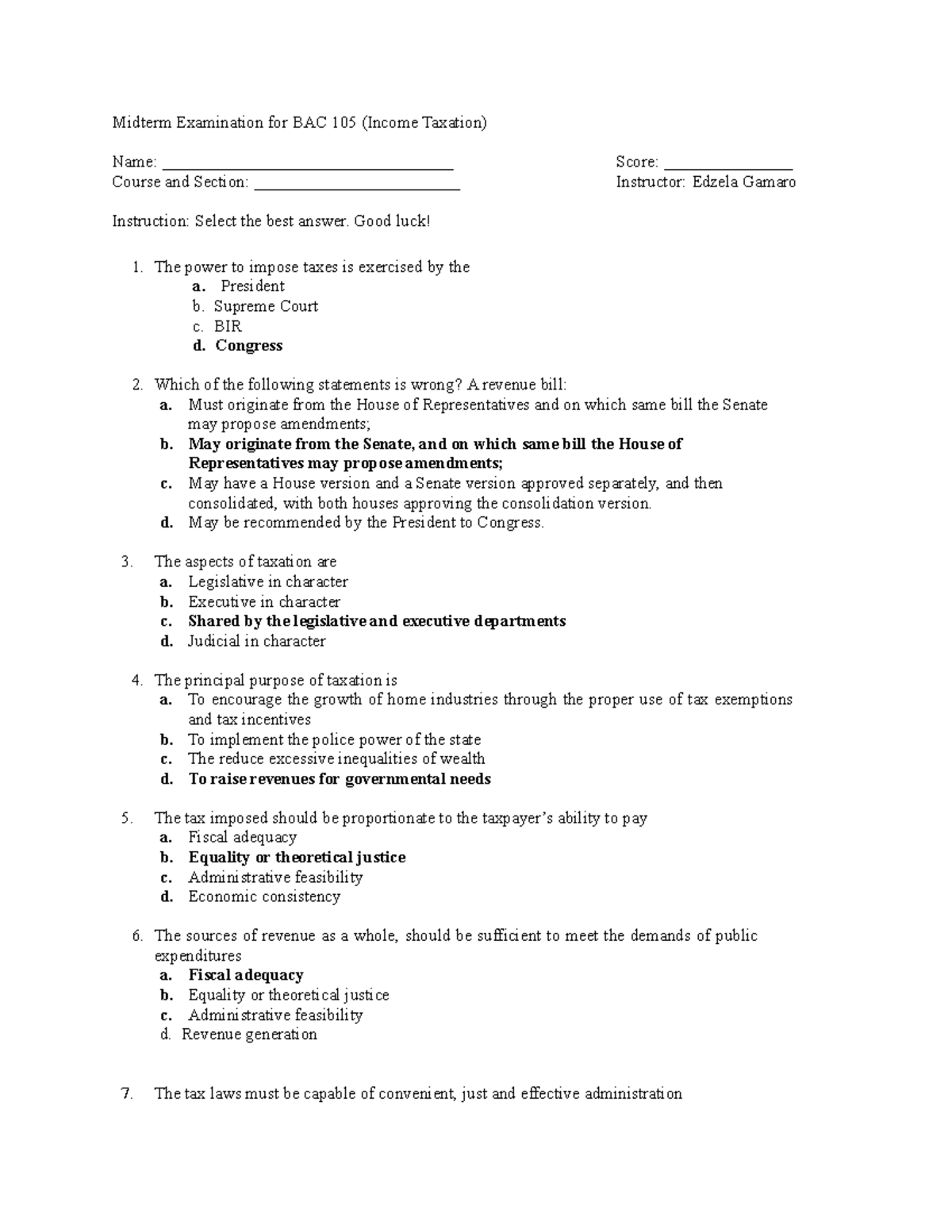 Answer Key for BAC 105 - BAC 105 - Midterm Examination for BAC 105 ...