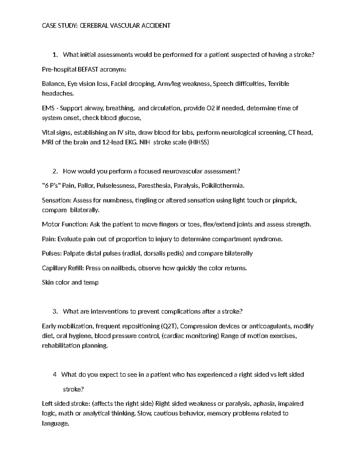 CVA Neuro Case Study: Assessments & Interventions for Stroke Care - Studocu