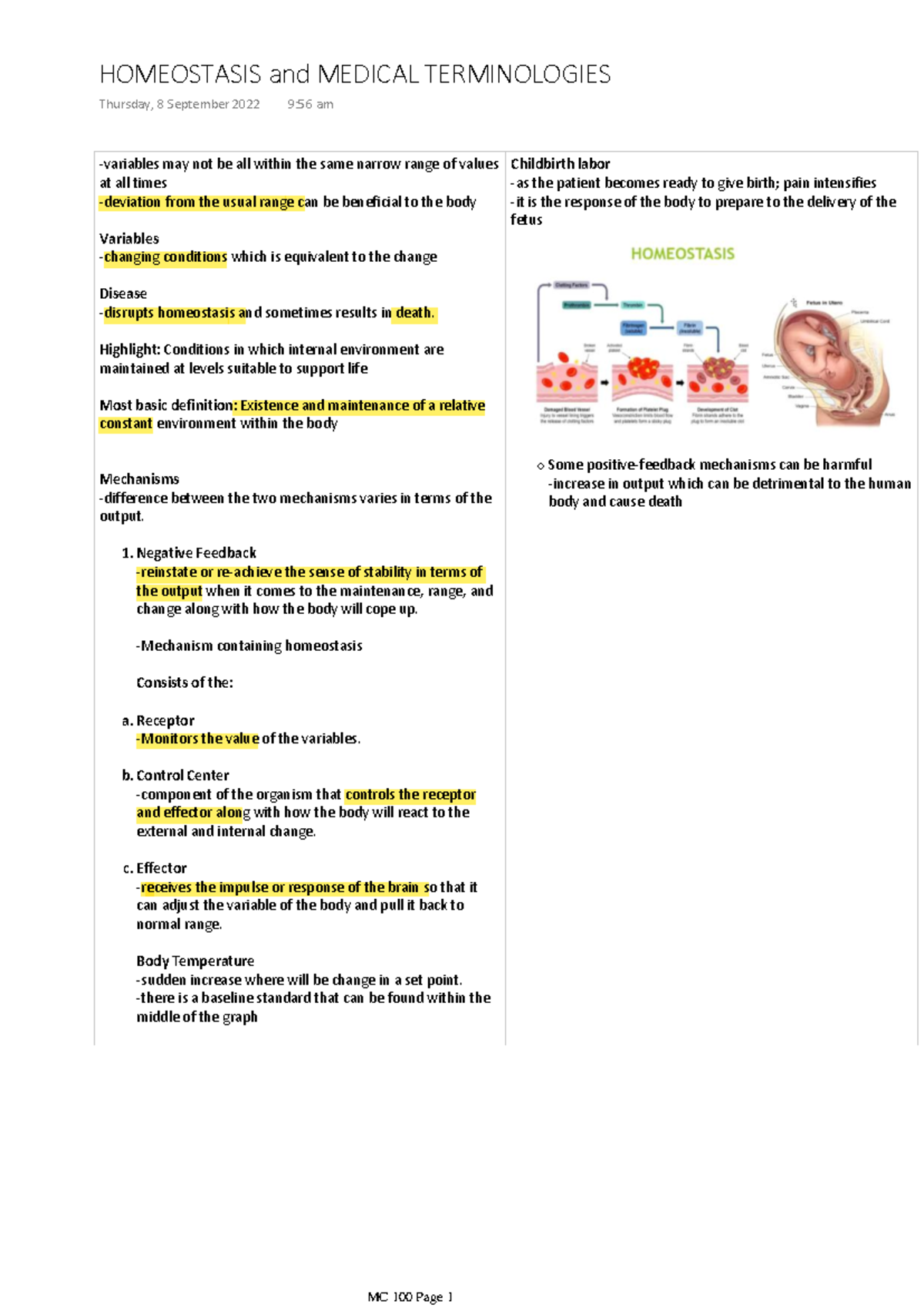 Homeostasis Mechanisms and Medical Terms - MC 100 Lecture Notes - Studocu