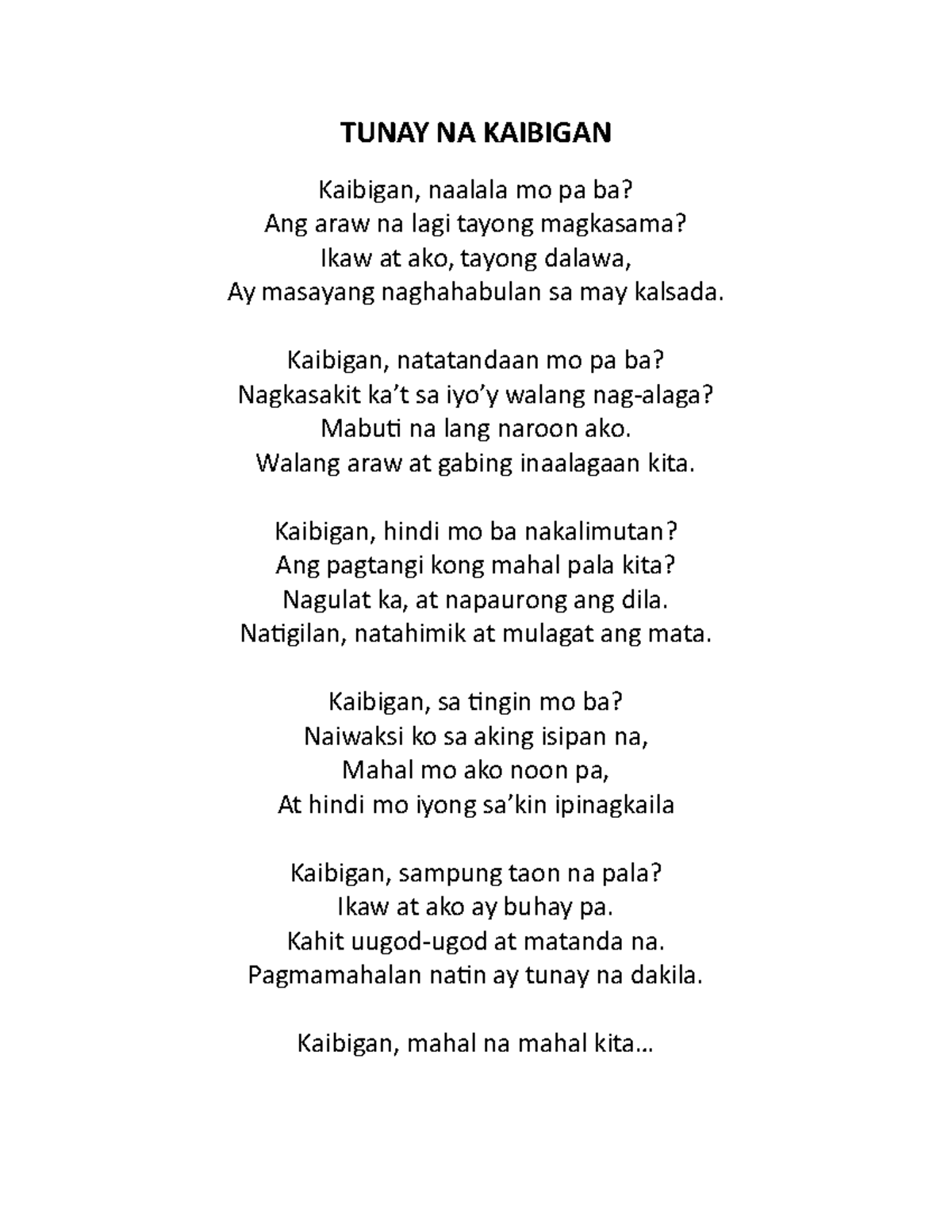 Tunay-NA- Kaibigan - Poem - TUNAY NA KAIBIGAN Kaibigan, naalala mo pa ...