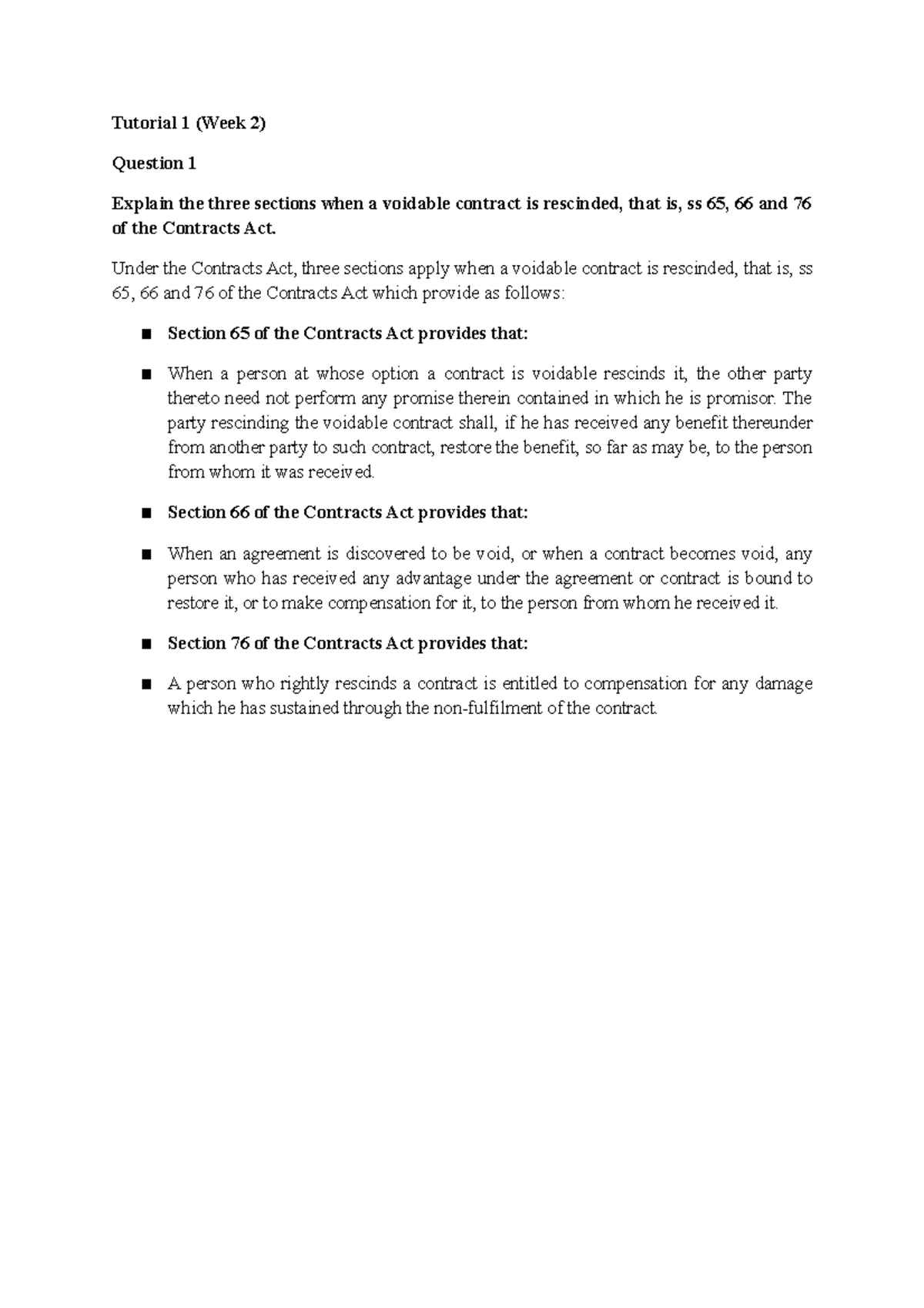 Tutorial 1- Economic Duress and voidable rescind - Tutorial 1 (Week 2) Question 1 Explain the ...