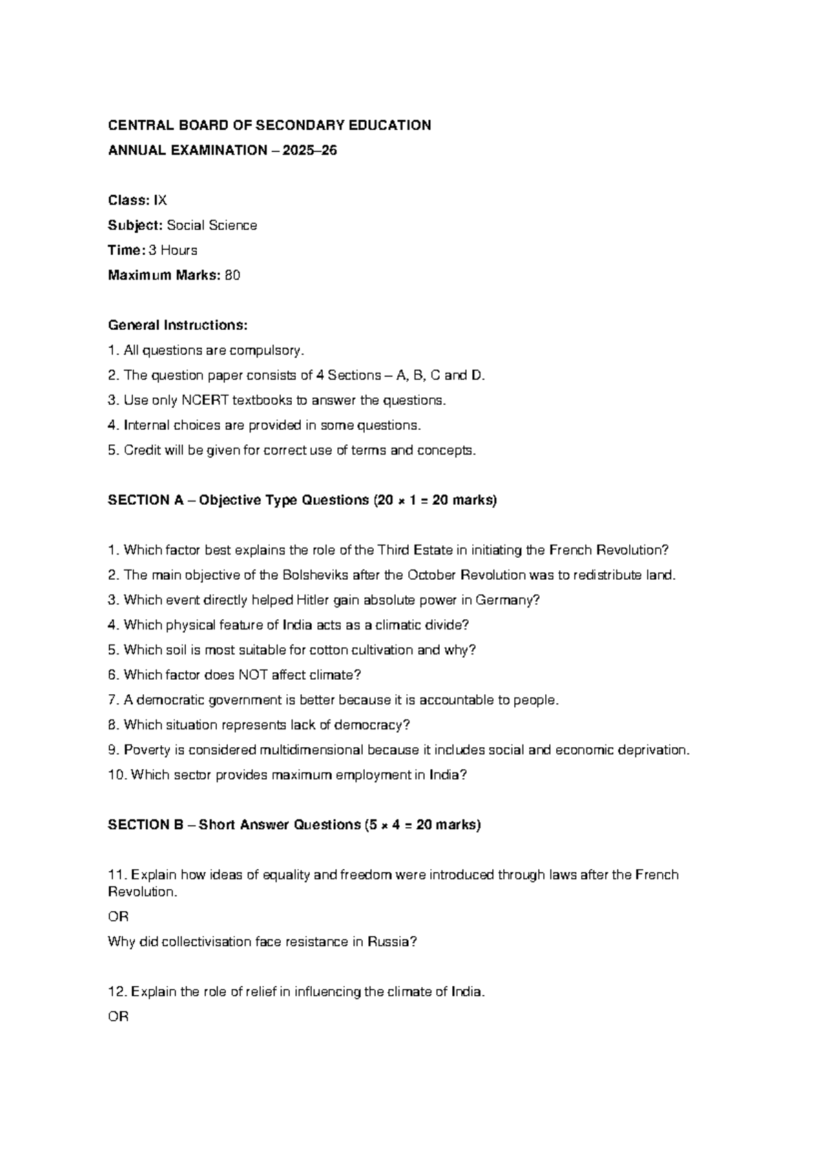 Class 9 Social Science Annual Exam Question Paper - Studocu