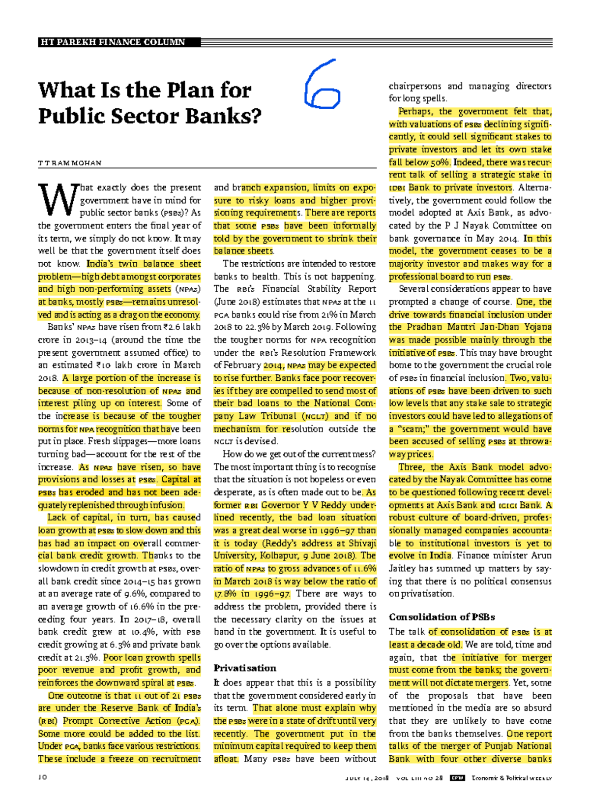 TT Ram Mohan - HT PAREKH FINANCE COLUMN 10 JUly 14, 2018 vol lIiI no 28 ...