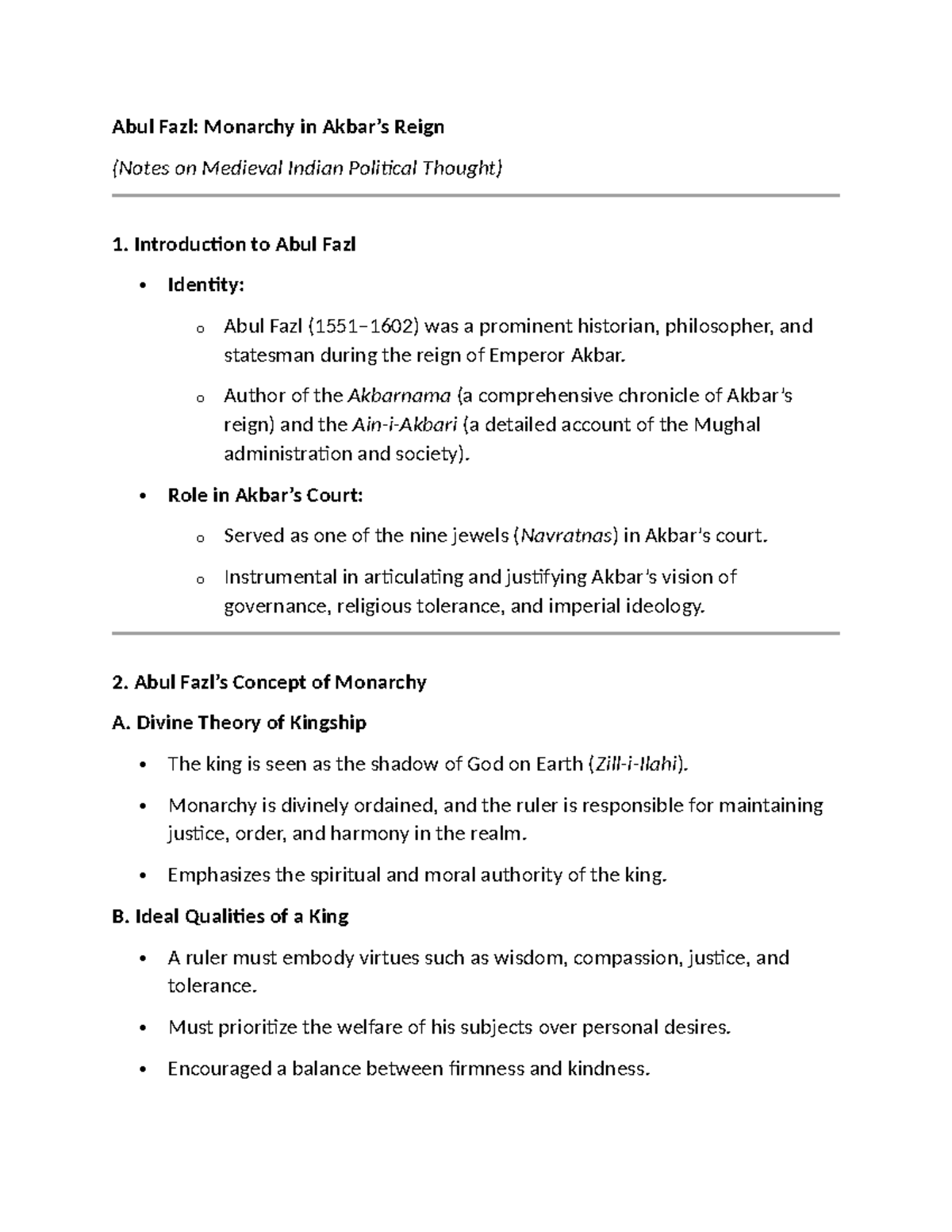 Abul Fazl: Monarchy & Governance in Medieval India (Core Notes) - Studocu