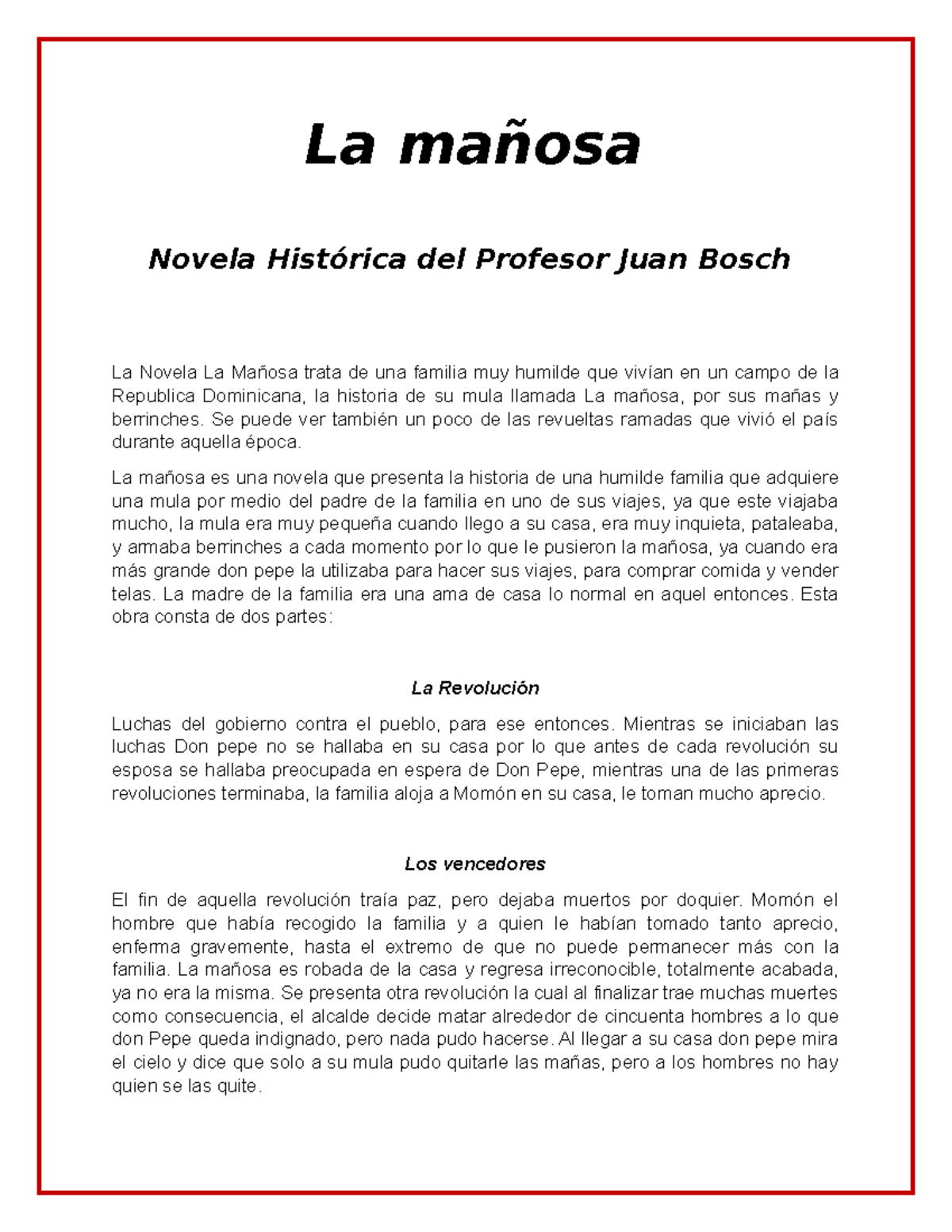 La mañosa - Informe de lectura sobre la novela de Juan Bosch - Studocu
