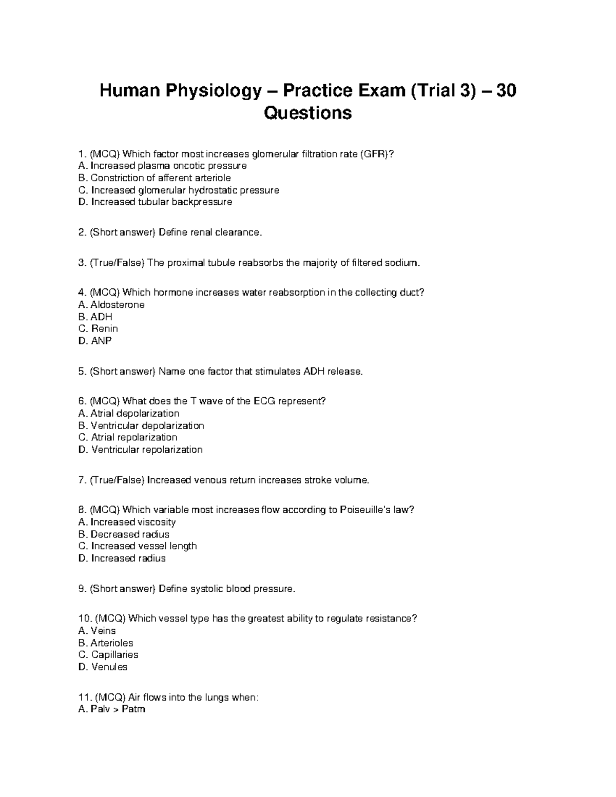 Human Physiology Practice Exam (PHYS 101) - 30 Questions - Studocu
