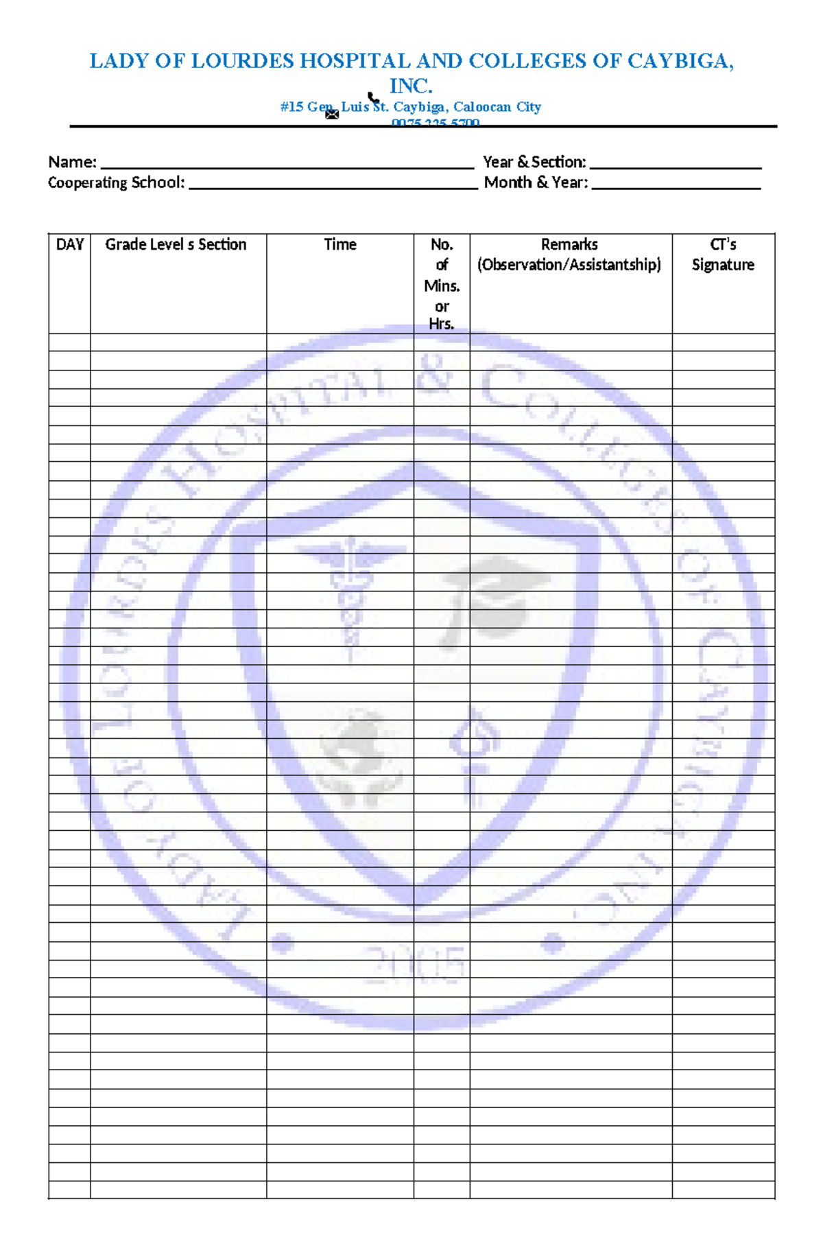 Printed Time Record and Observation Sheet - Bs Criminology - LADY OF ...