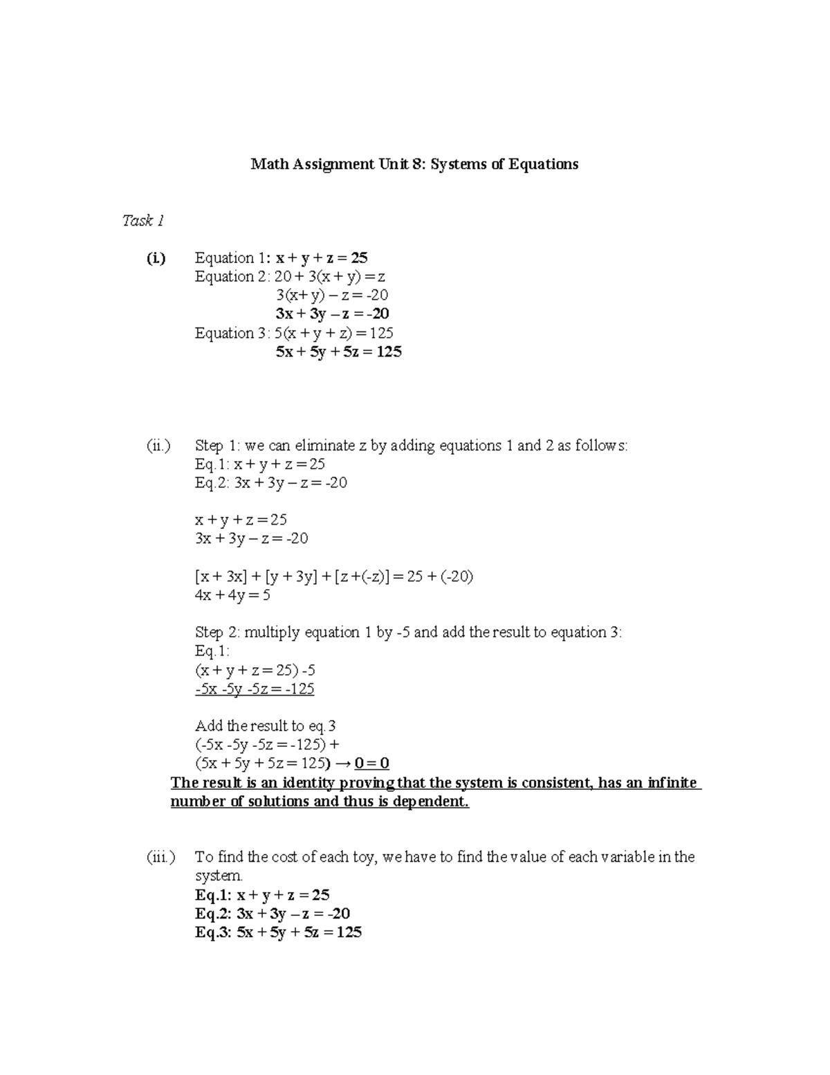 MATH Assignment UNIT 8 - Math Assignment Unit 8: Systems of Equations ...