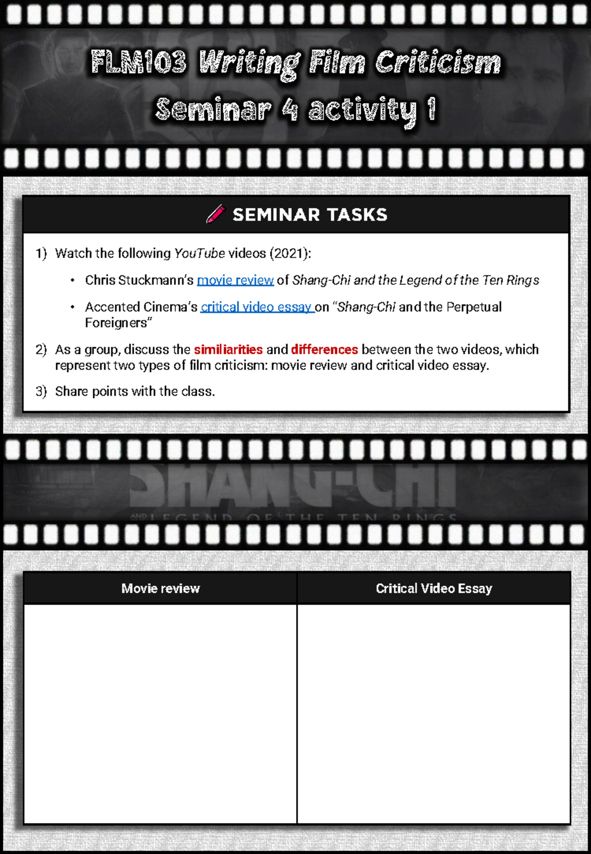 FLM103 Seminar 4: Movie Review vs. Critical Video Essay Worksheet - Studocu