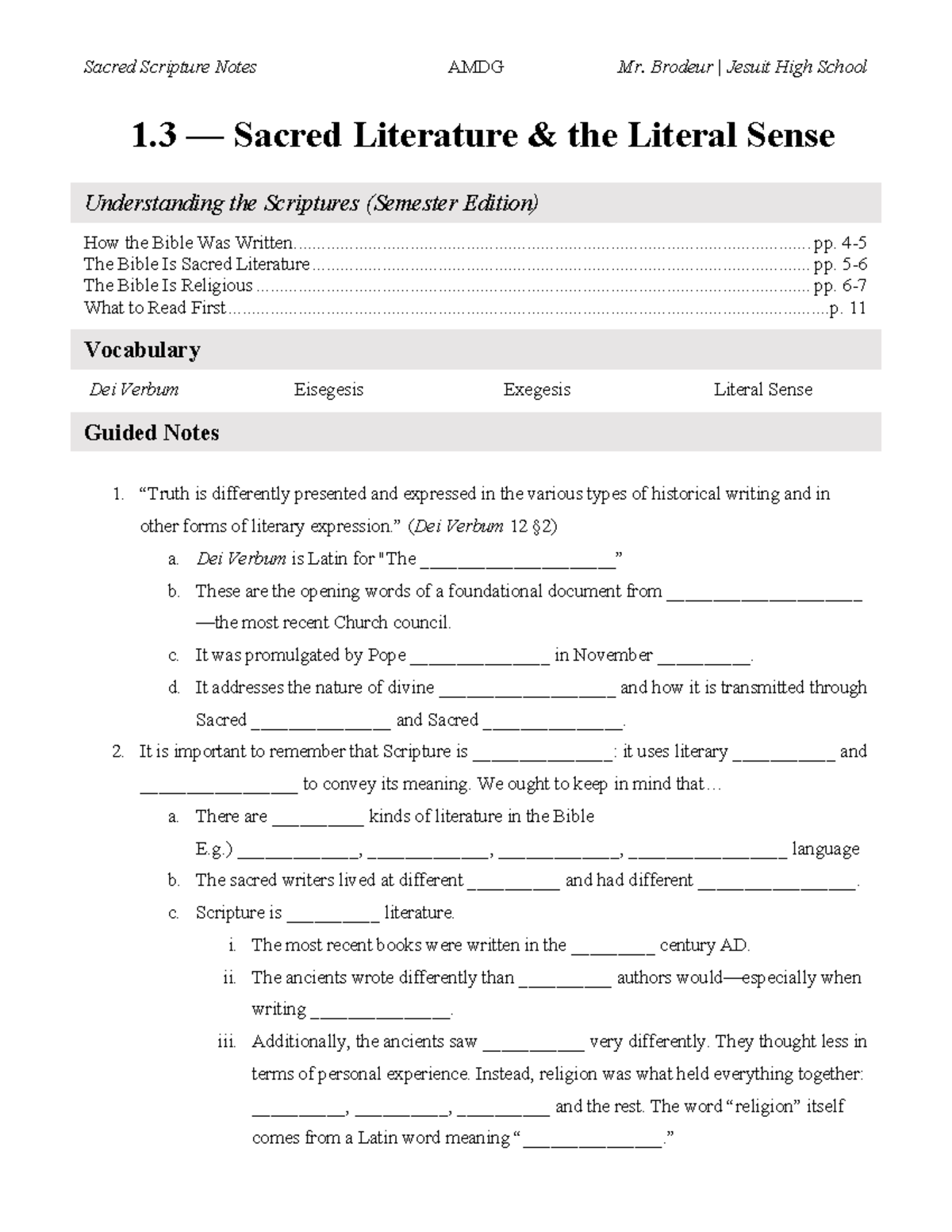 1.3 Sacred Literature & the Literal Sense Notes - Jesuit High School ...