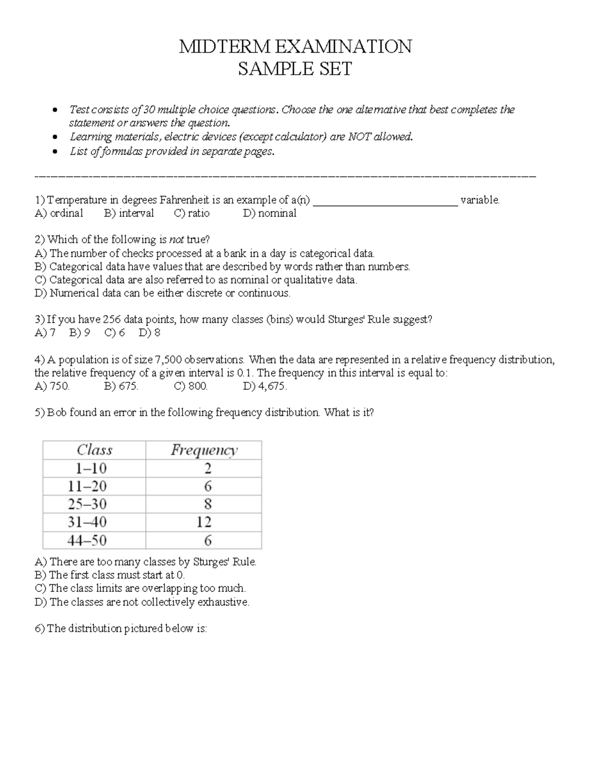 Midterm Exam Sample Questions (Chapters 1-4) for Statistics Course ...