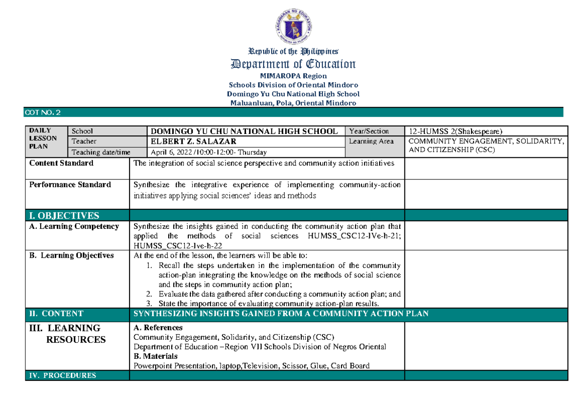COT NO. 2 Daily Lesson Plan: Community Engagement Activities - Studocu