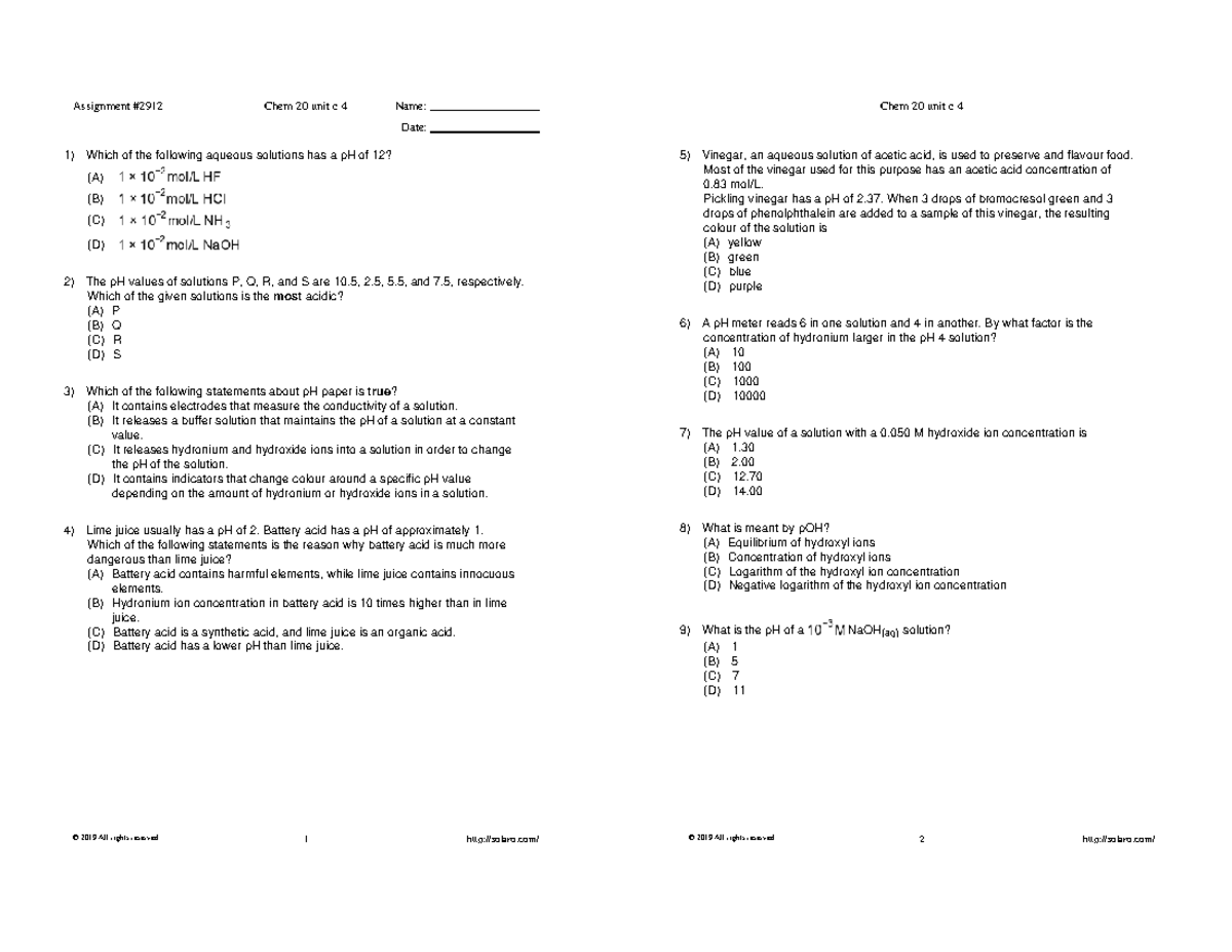 Chem 20 Unit C4 Assignment: pH and Acid-Base Concepts - Studocu