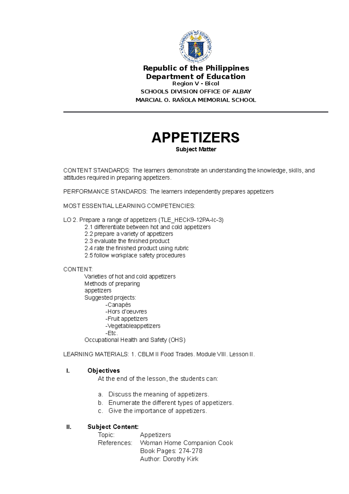 Lesson Plan on Appetizers (TLE_HECK9-12PA-Ic-3) by Ivan Jude Paloyo ...