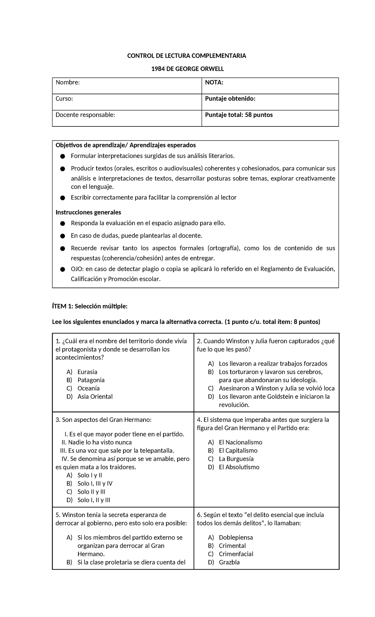 Evaluación del Control de Lectura: 1984 - George Orwell - Studocu