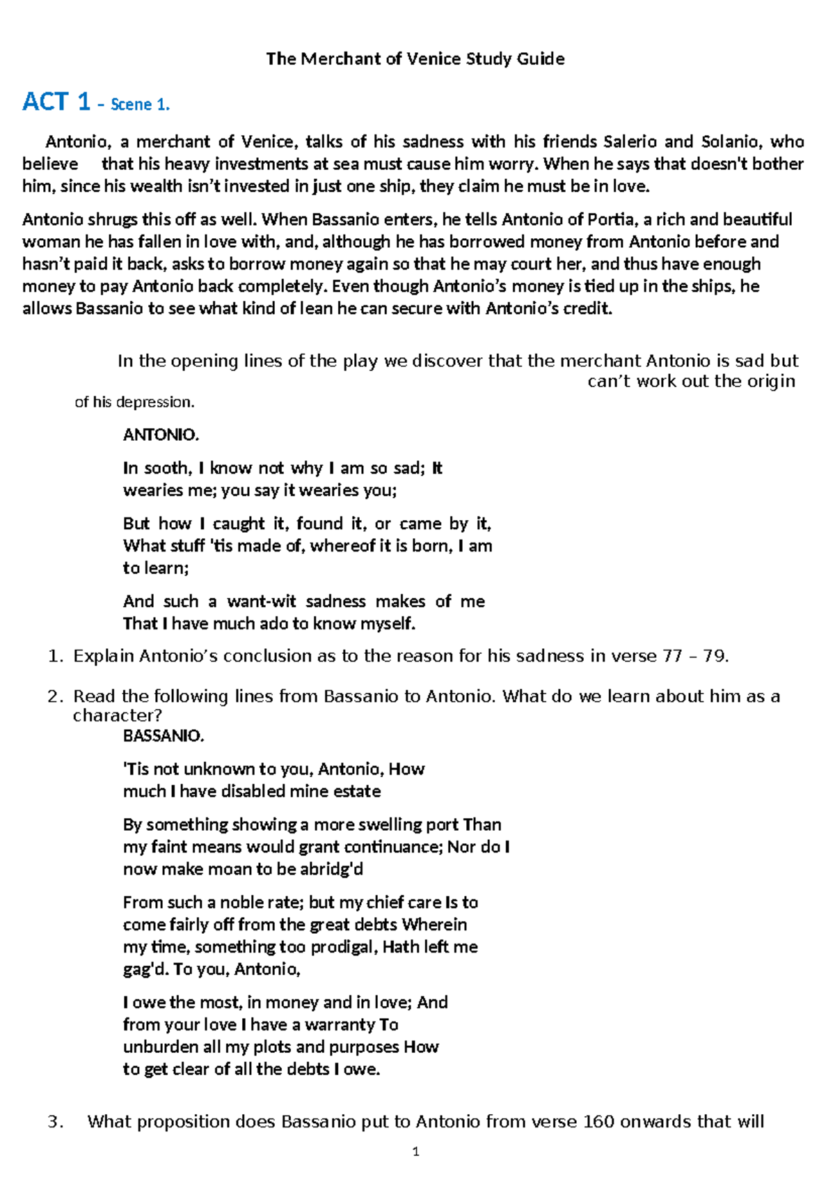 The Merchant of Venice Study Guide - ACT 1 to ACT 5 Analysis - Studocu