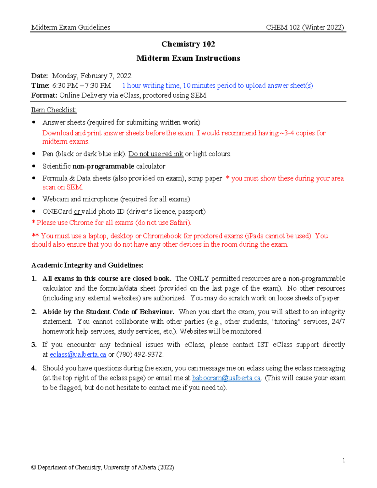 Sample Midterm Exam 1 - Midterm Exam Guidelines CHEM 102 (Winter 2022 ...