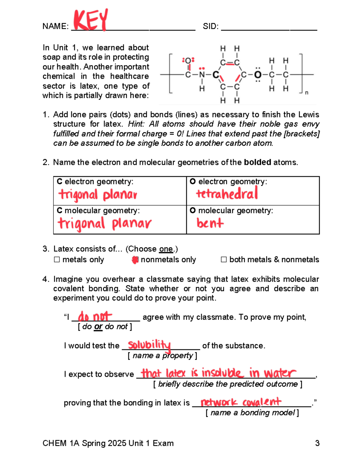 CHEM 1A Spring 2025 Practice Midterm 1 Key - Studocu