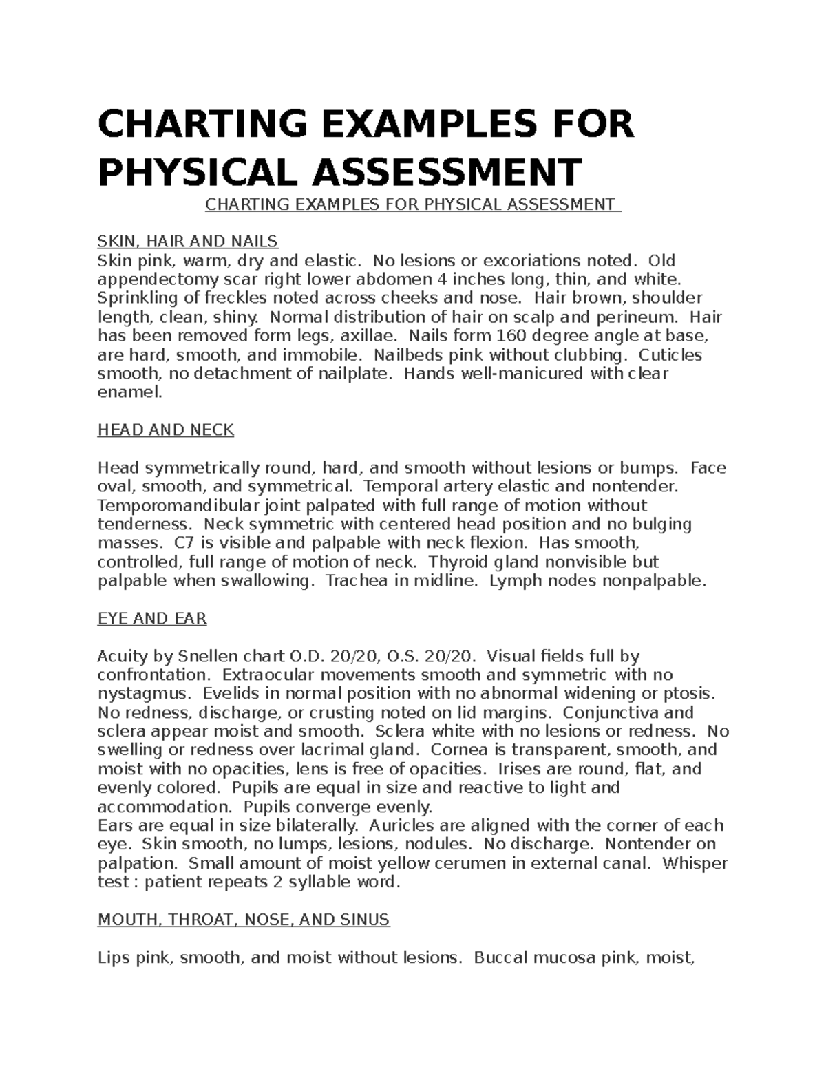 Charting Examples for Physical Assessment in Nursing (NUR 101) - Studocu