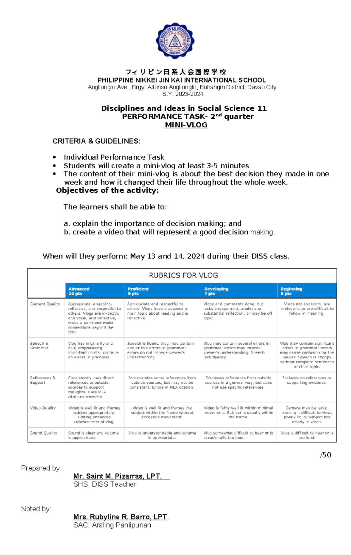 DISS11- Performance TASK 2ND Quarter( - フィ リ ピ ン 日 系 人 会 国 際 学 校 ...