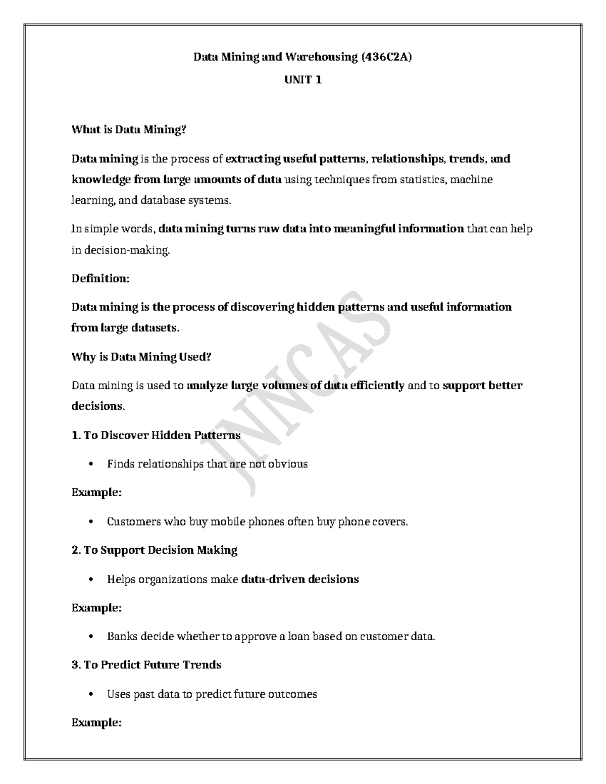 Data Mining and Warehousing (436C2A) UNIT 1: Introduction to Data Mining - Studocu