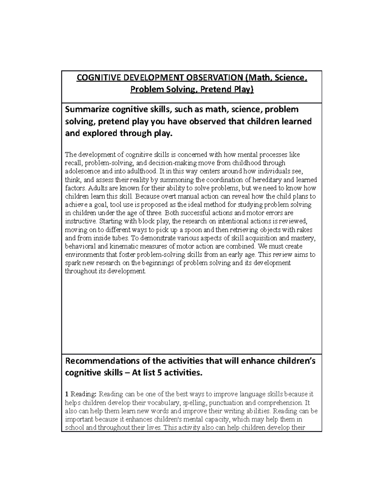 Cognitive Development Observation: Enhancing Skills in Children - Studocu