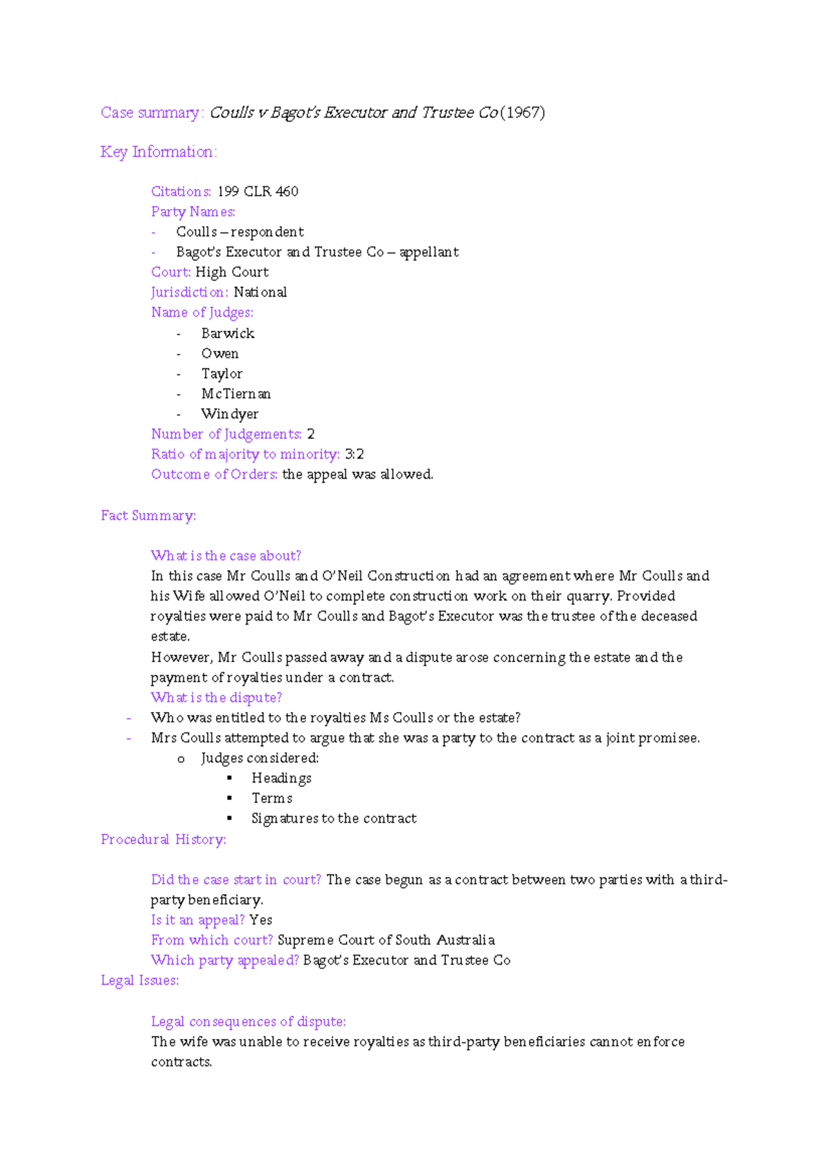 Coulls v Bagot’s Executor & Trustee Co (1967) Case Summary & Analysis ...