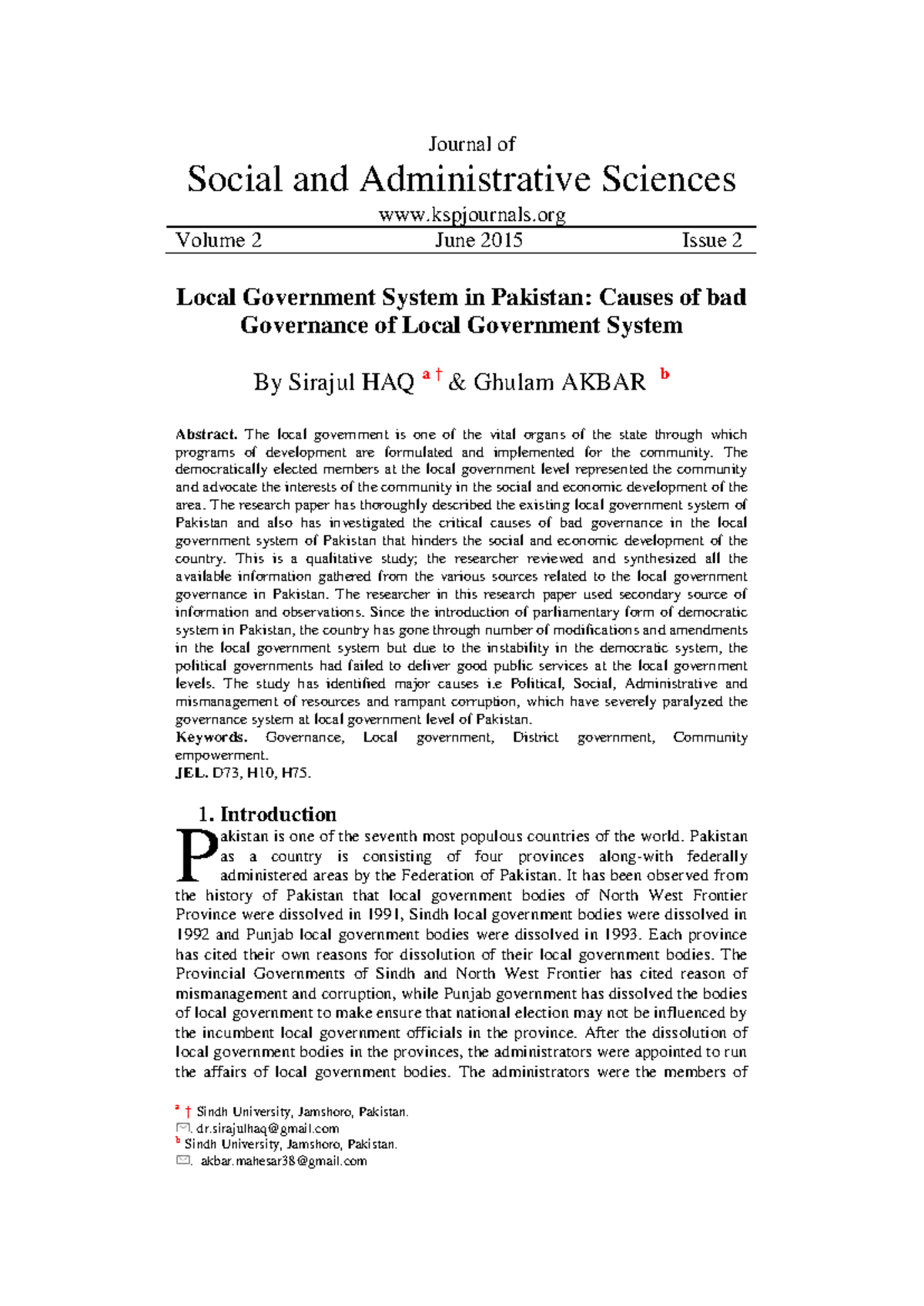 Local Government System in Pakistan: Causes of Bad Governance (JSAS 2(2 ...