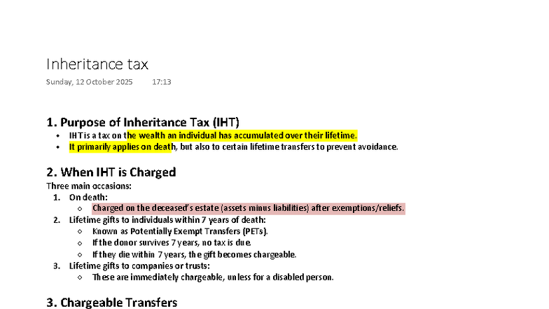 Inheritance Tax Overview and Key Concepts - Studocu