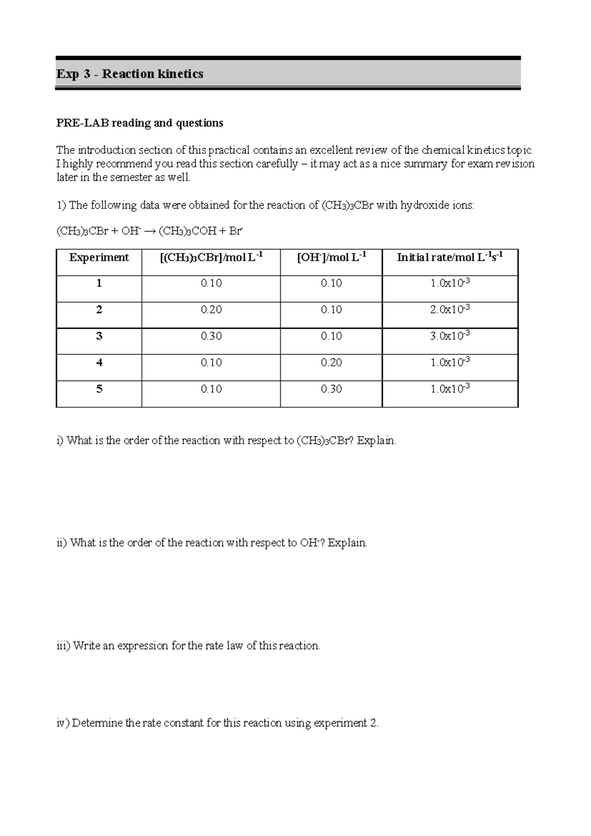 Exp 3: Reaction Kinetics Pre-Lab Questions and Review - Studocu