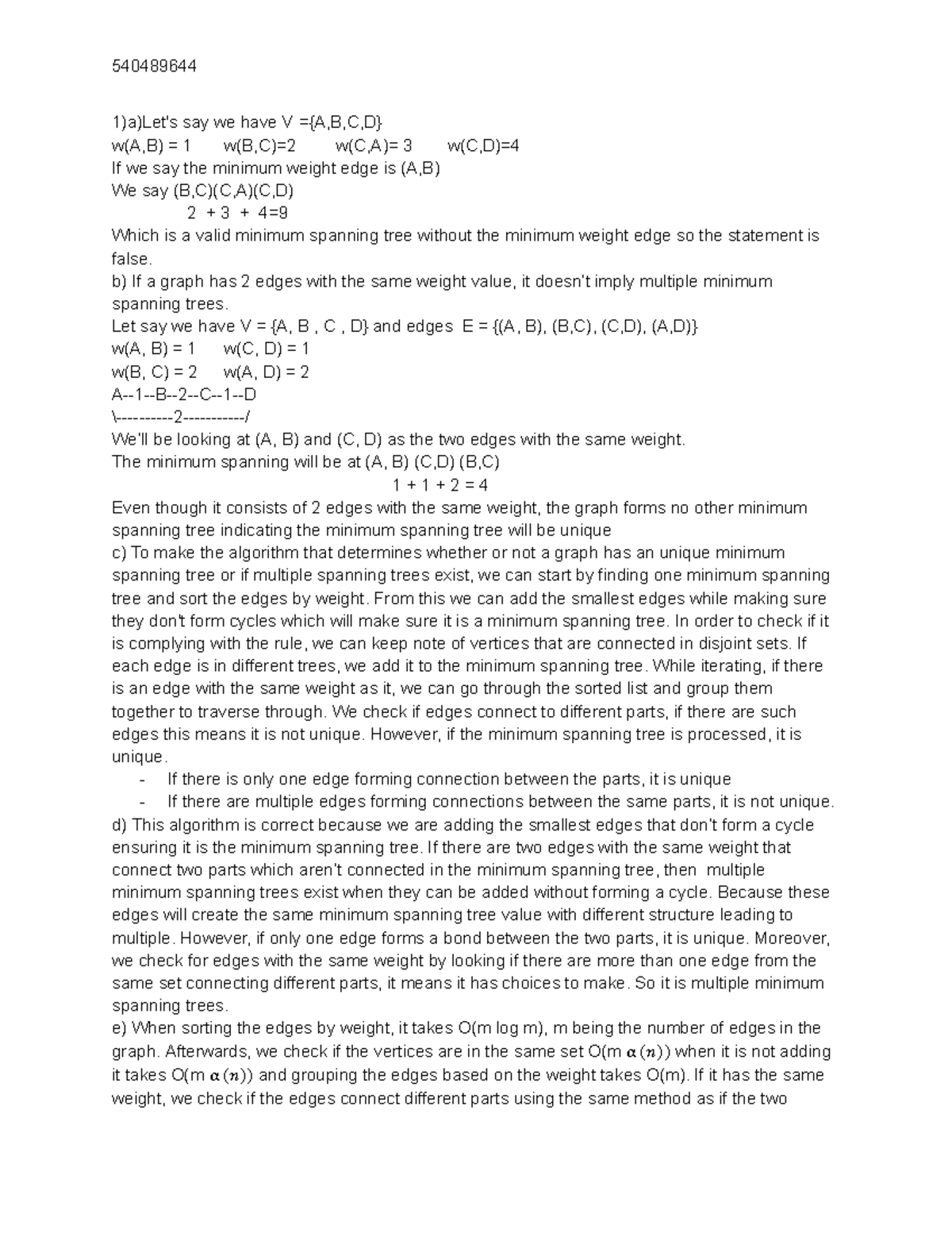 Assignment 4 - Minimum Spanning Trees Analysis and Algorithms - Studocu