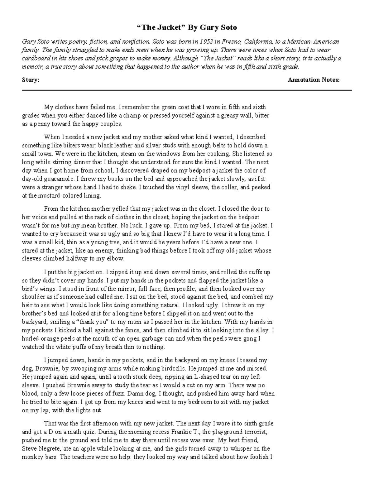 The Jacket short story by Gary Soto 6th Grade