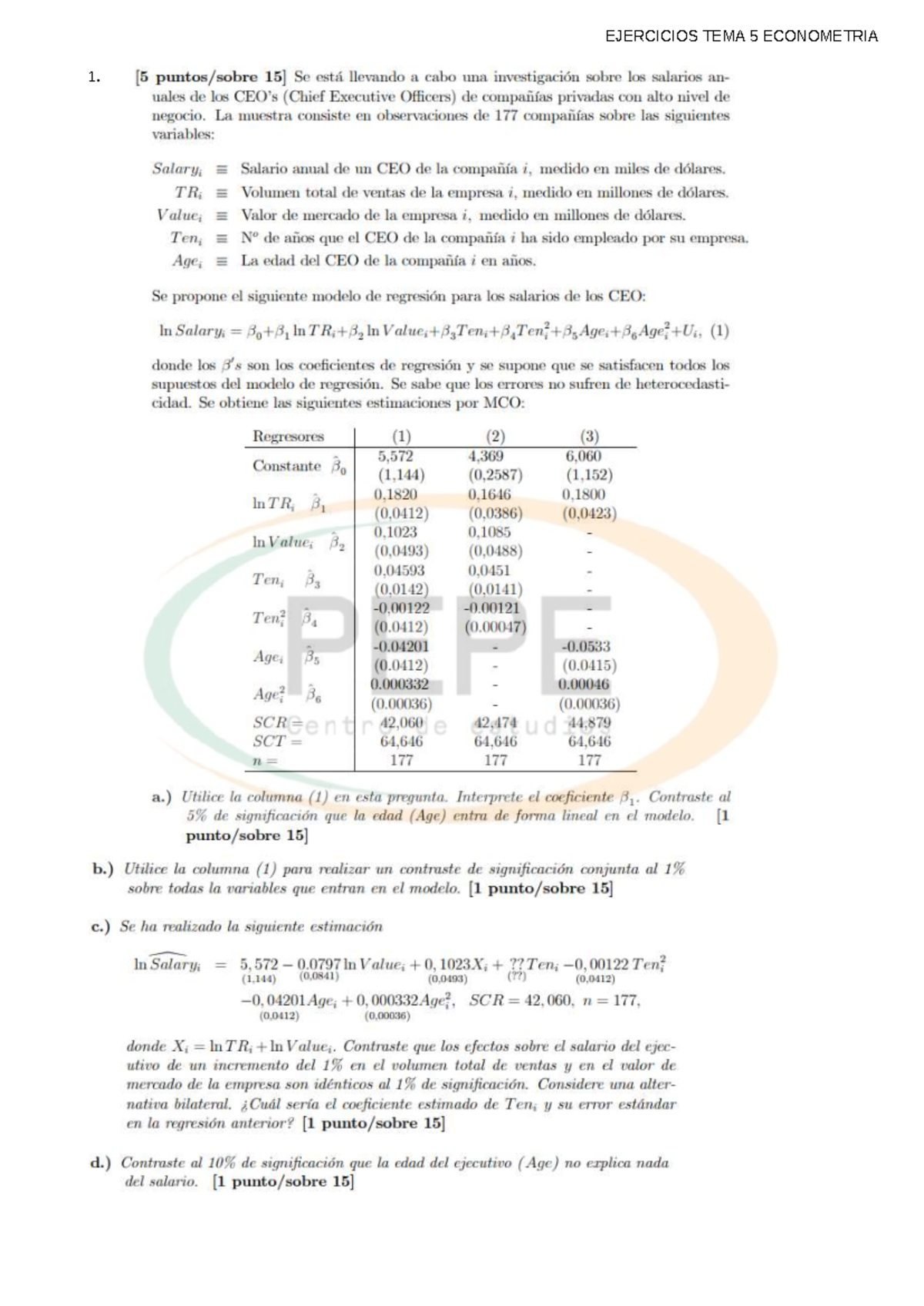 Ejercicios Tema 5 - Econometría 1 - Análisis de Regresión y Elasticidades - Studocu