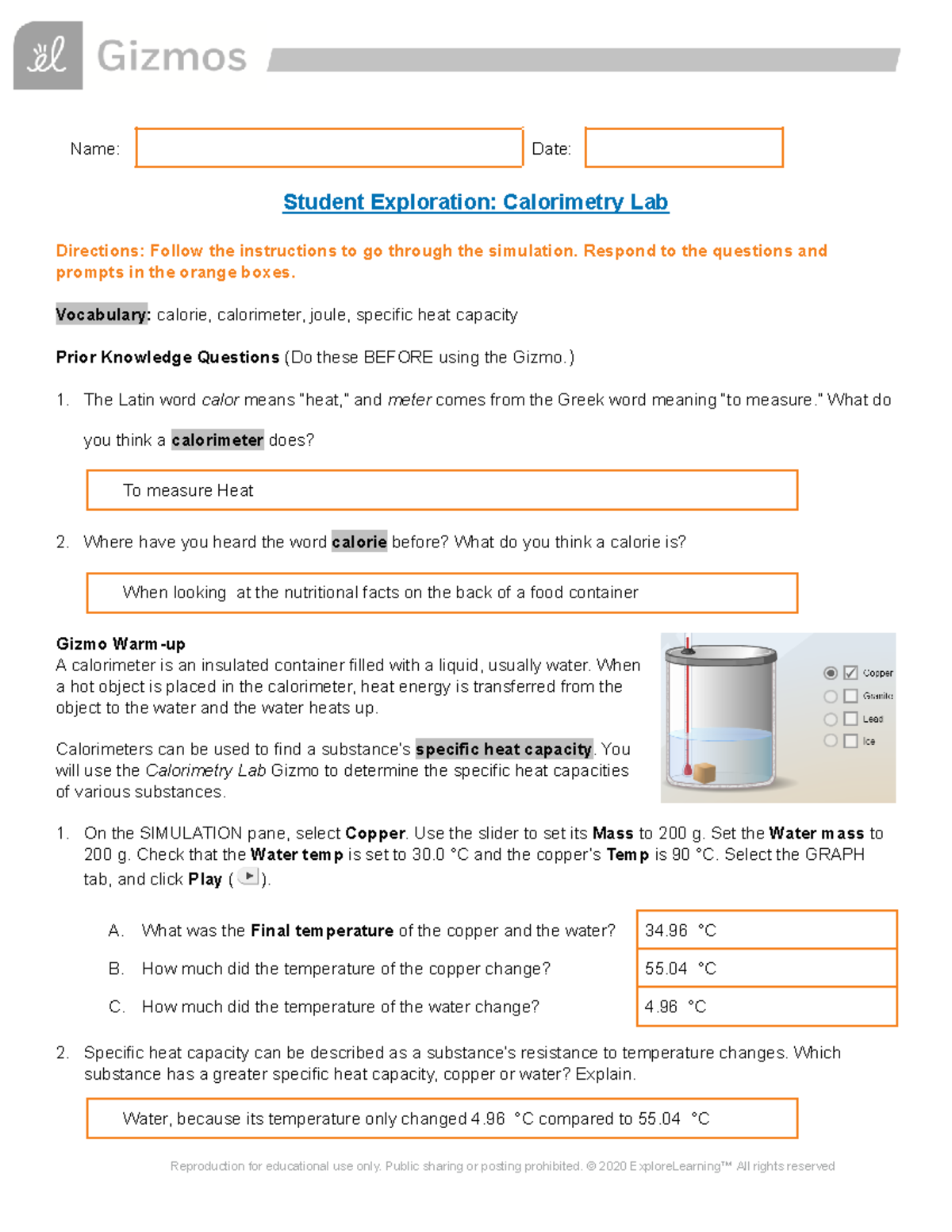 Student Exploration Calorimetry Lab - Name: Date: Student Exploration ...