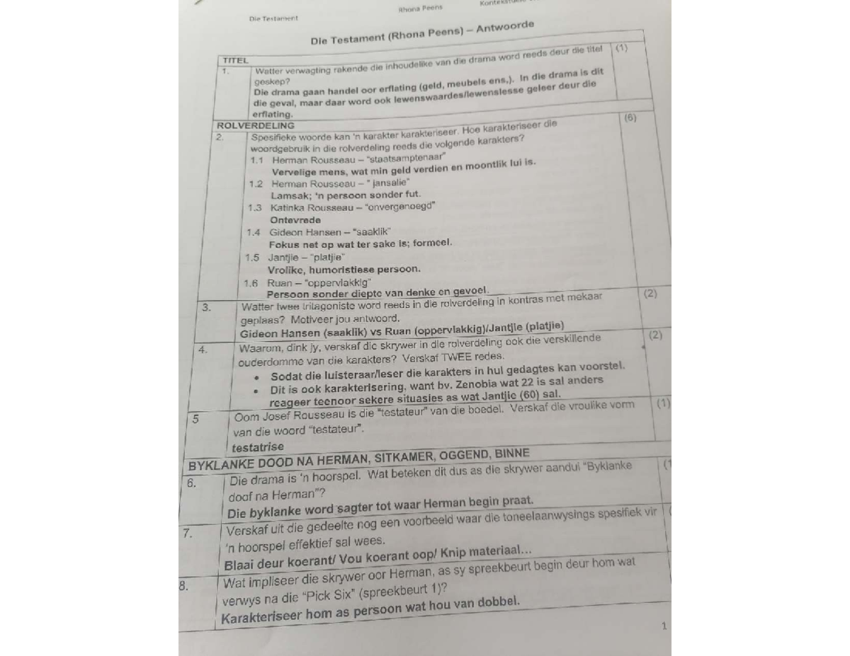 Die Testament (Rhona Peens) - Kontekstuele Vrae en Antwoorde MEMO - Studocu