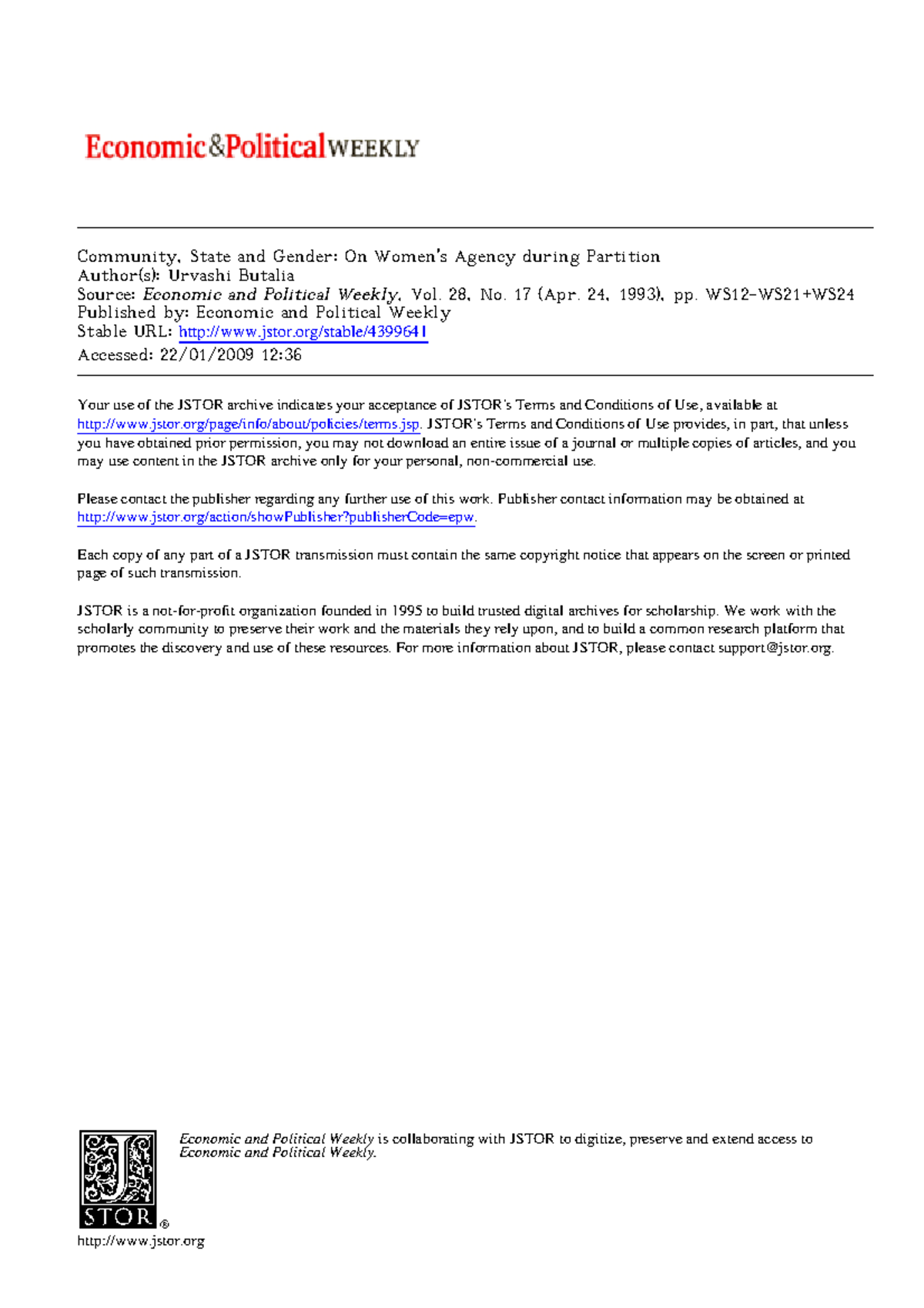Community, State, and Gender: Agency of Women during Partition (Econ 28 ...