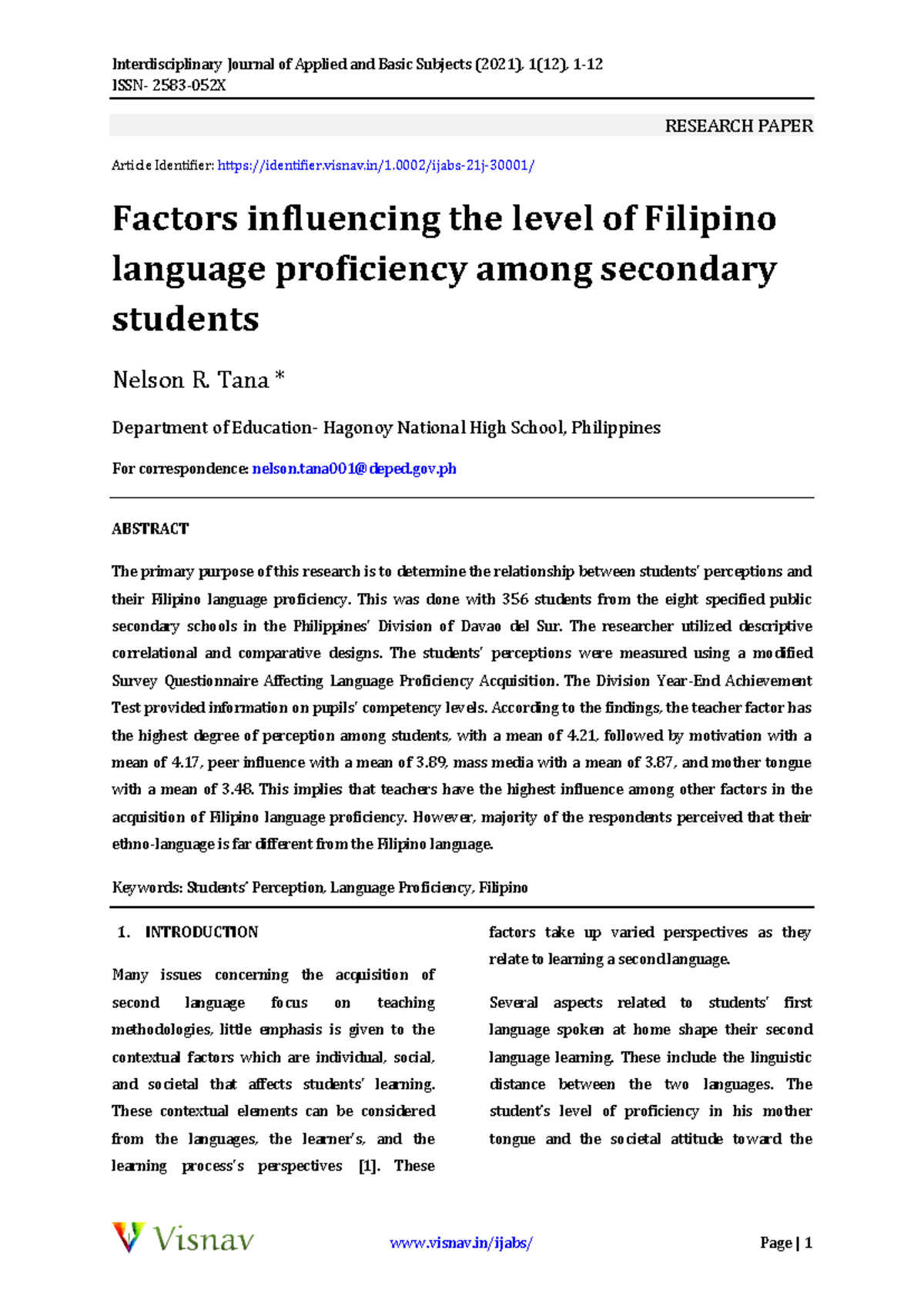 Factors Influencing Filipino Language Proficiency in Secondary Students ...