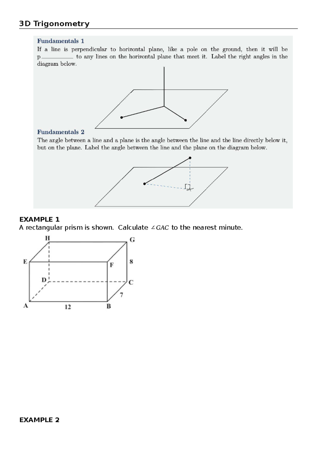 3D Trig eg - 3d dimension - 3D Trigonometry EXAMPLE 1 A rectangular ...
