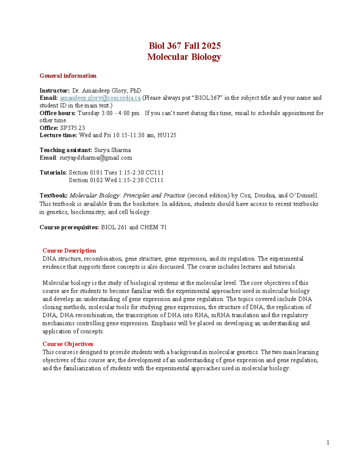 BIOL 367 Fall 2025 - Molecular Biology Course Outline and Info - Studocu