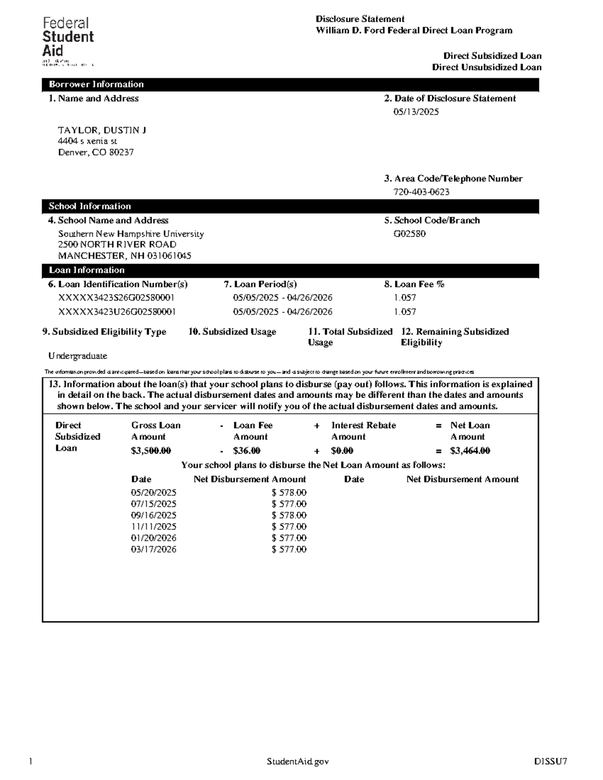 Disclosure Statement for Direct Loans - SNHU G02580 - Studocu