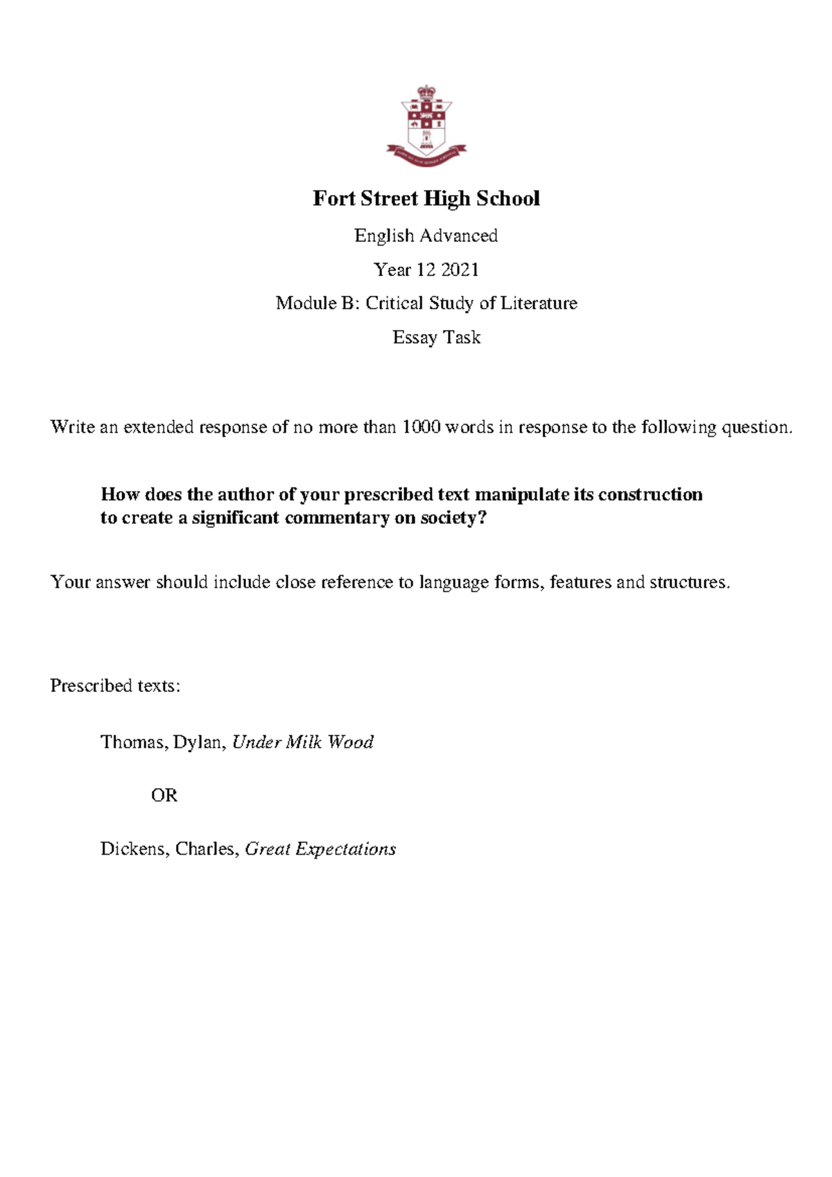 Module B Essay Task: Analysis of Literary Construction & Society - Studocu