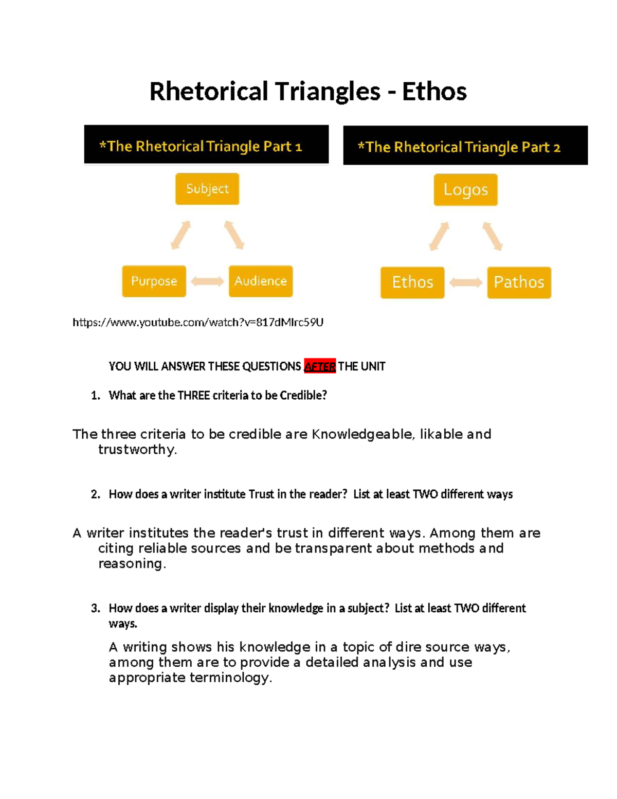 Ethos Lesson Plans: Understanding Rhetorical Triangles in Unit 1 - Studocu