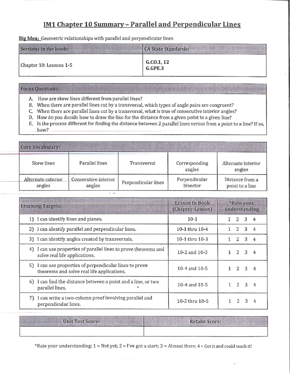IM1 Chapter 10 Summary: Parallel and Perpendicular Lines Concepts - Studocu