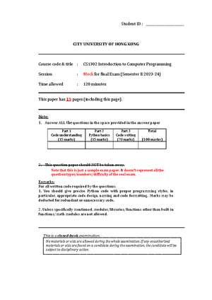 Introduction to Computer Programming - CS1302 - CityU - Studocu