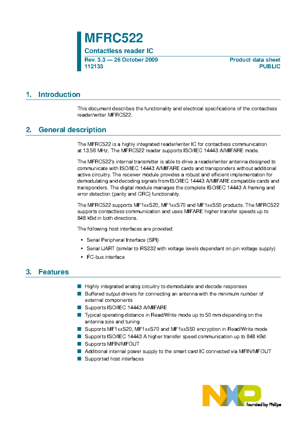 MFRC522 Contactless Reader IC Product Data Sheet - Rev. 3.3 - Studocu