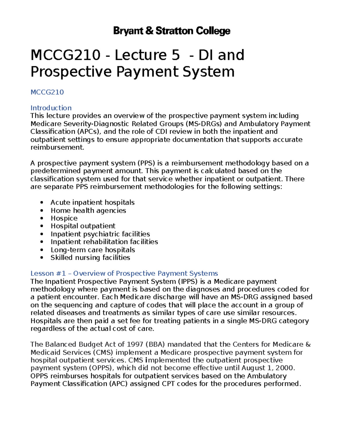 MCCG210 - Lecture 5 - Overview of Prospective Payment Systems - Studocu