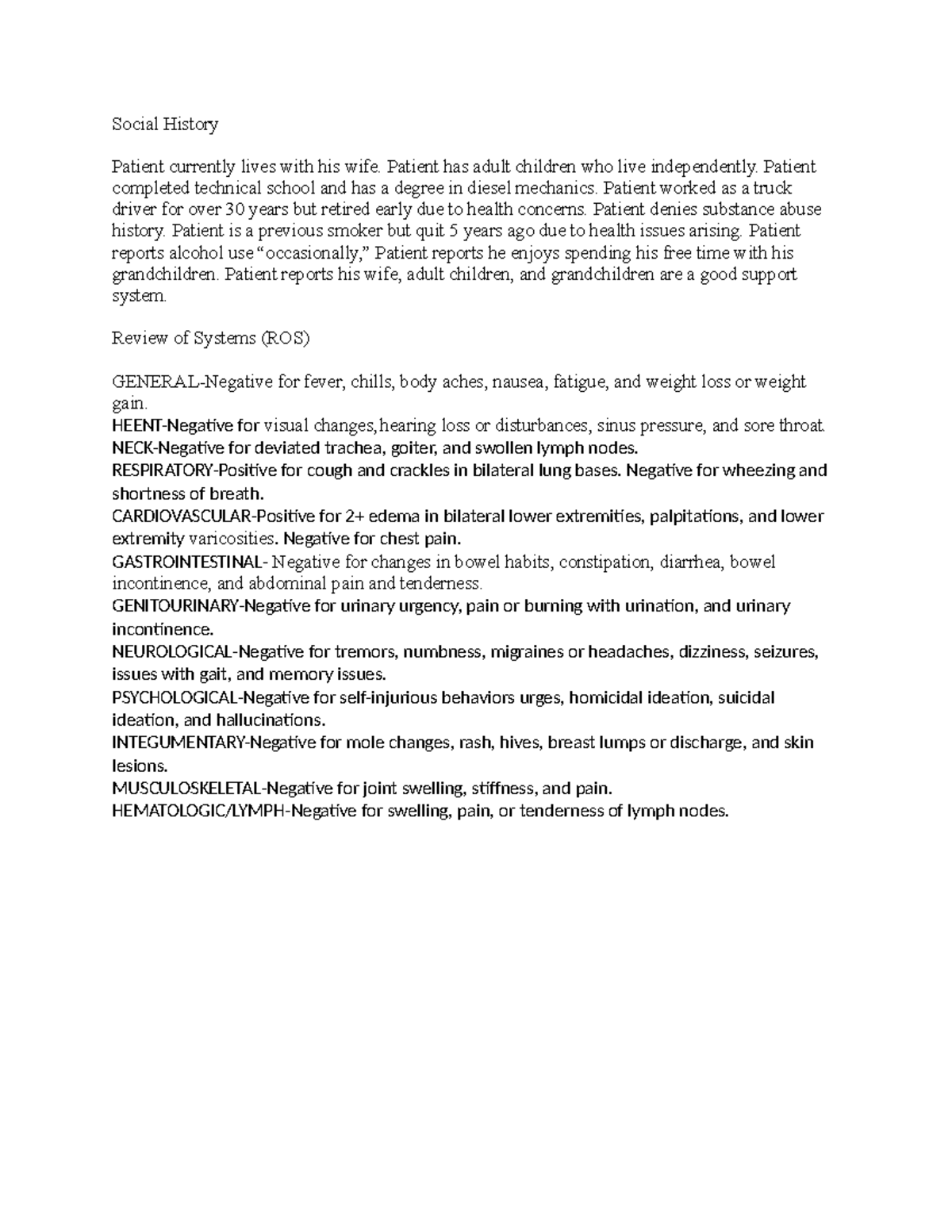 ROS Case Study - Comprehensive Review of Symptoms Example - Studocu