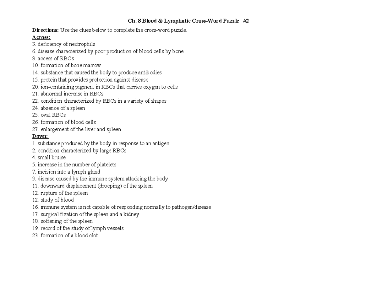 Ch. 8 Word-Cross - Ch. 8 Blood & Lymphatic Cross-Word Puzzle # Directions: Use the clues below ...