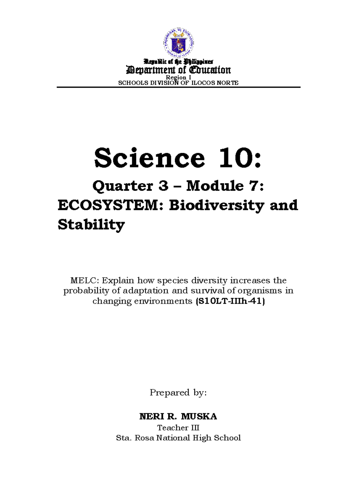 Science-10-Q3-Week7-MELC07-Module 7: Biodiversity & Ecosystem Stability ...