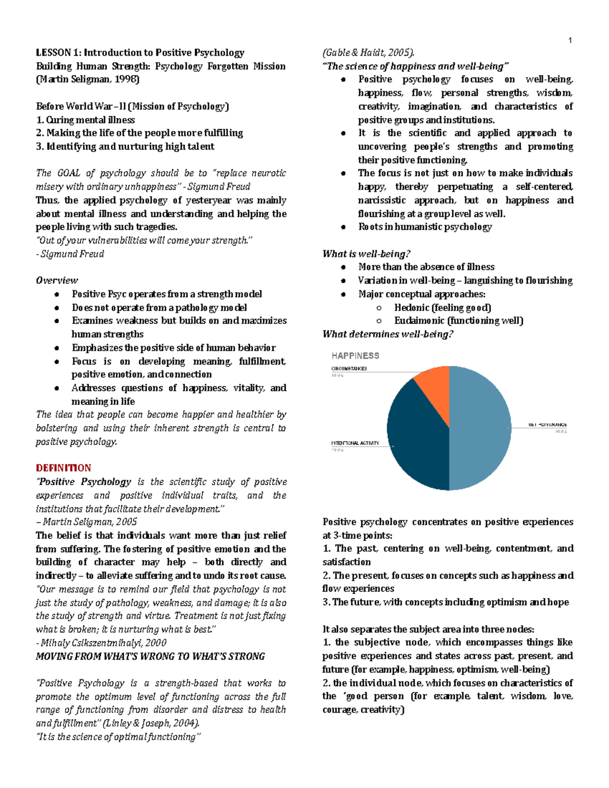 Positive Psychology - Lesson 1 Notes on Human Strengths - Studocu